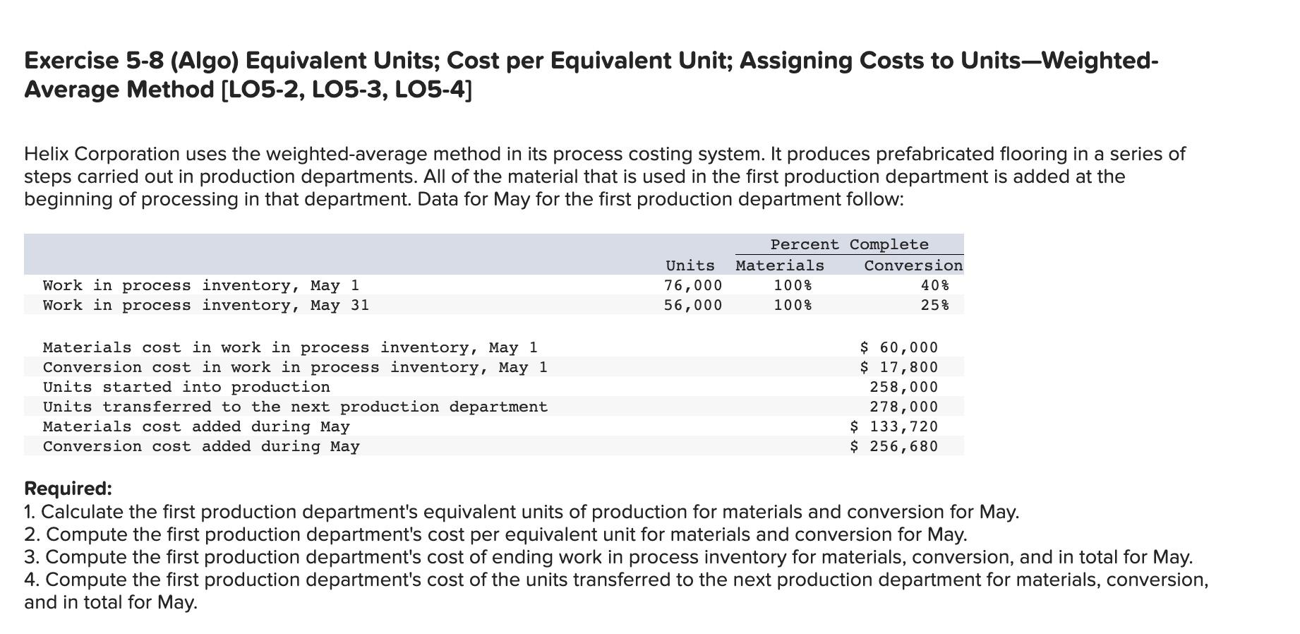 Solved Exercise 5-8 (Algo) Equivalent Units; Cost per | Chegg.com