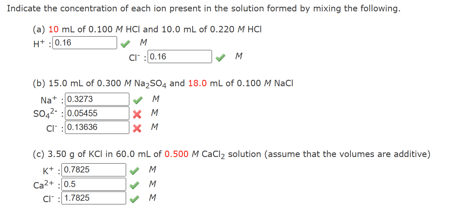 Solved Indicate the concentration of each ion present in the | Chegg.com