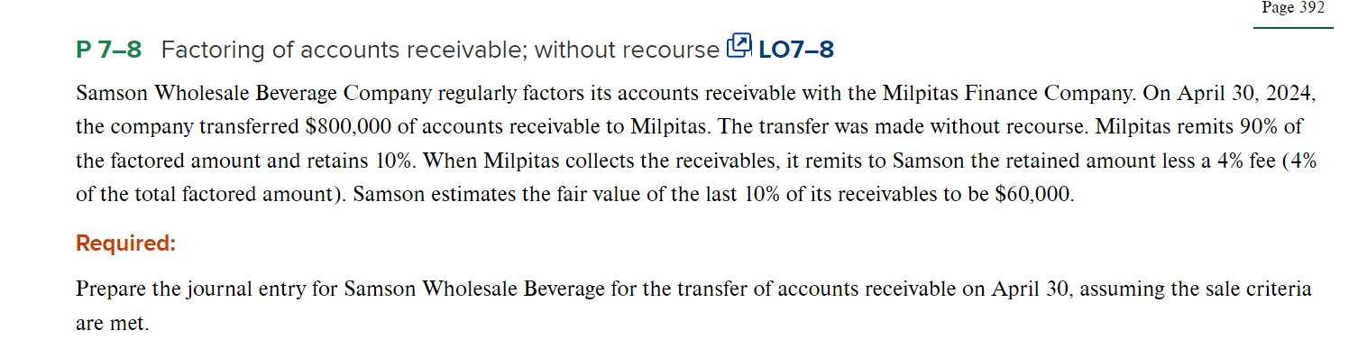 Solved P 7-8 Factoring of accounts receivable; without | Chegg.com