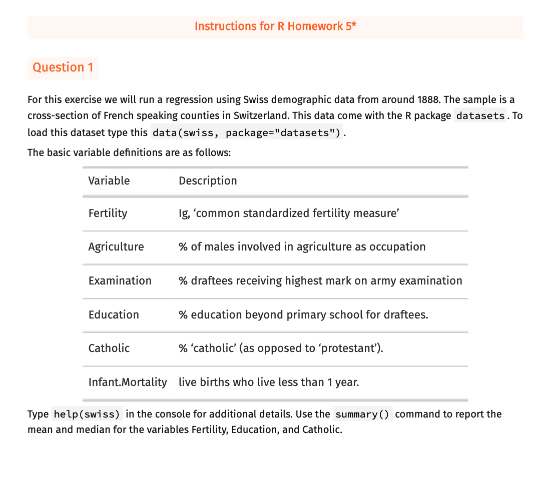 Solved Instructions for R Homework 5* Question 1 For this | Chegg.com