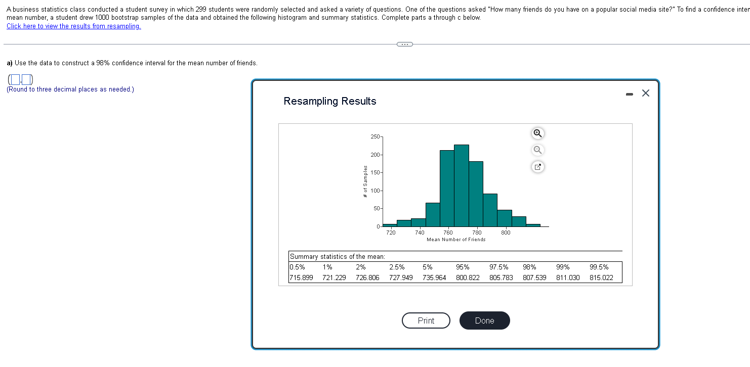 Solved mean number, a student drew 1000 bootstrap samples of | Chegg.com