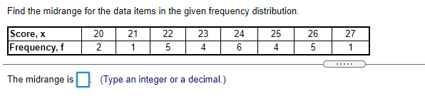 Solved Find the midrange for the data items in the given | Chegg.com