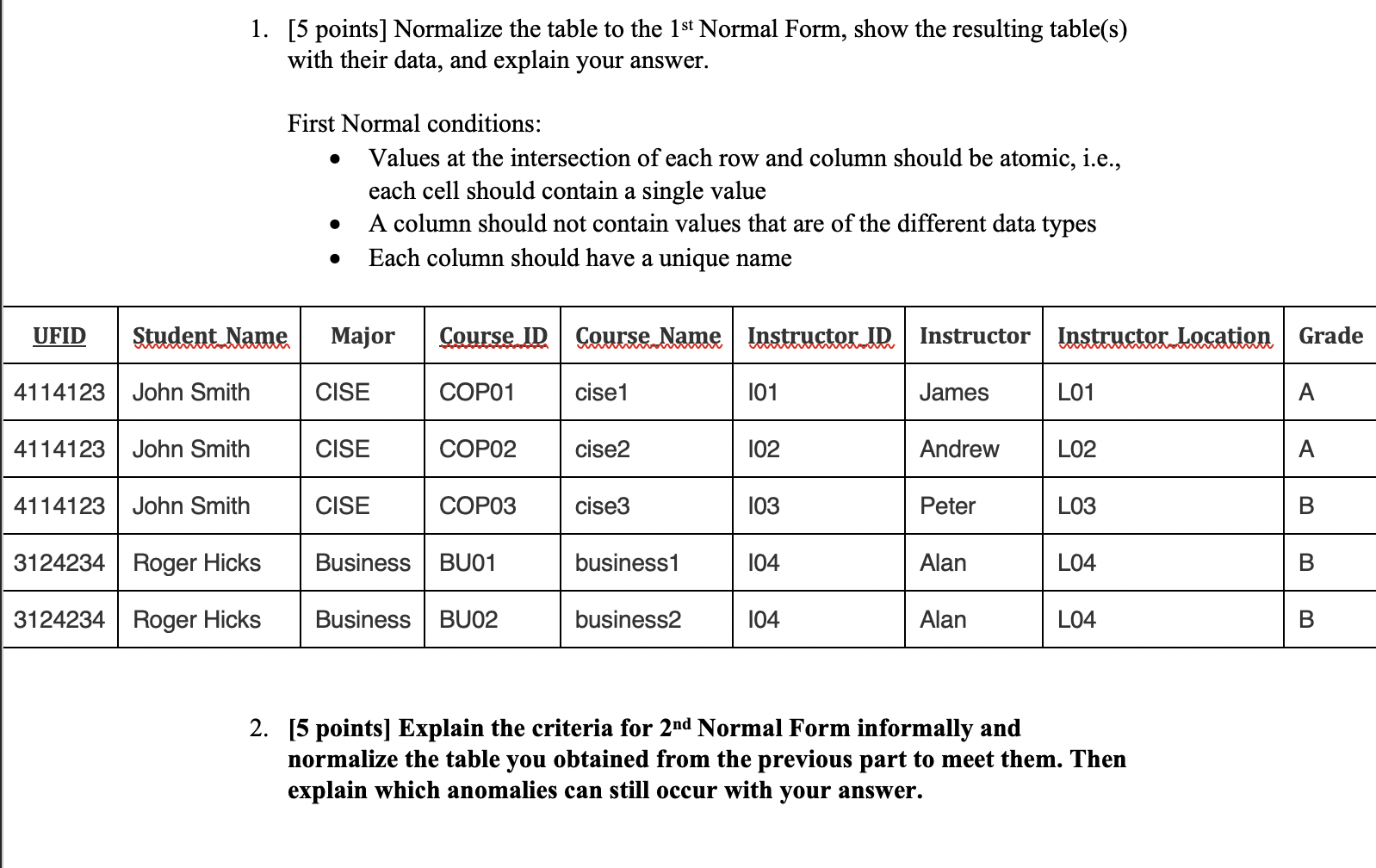 Solved 1. [5 points] Normalize the table to the 1st Normal | Chegg.com