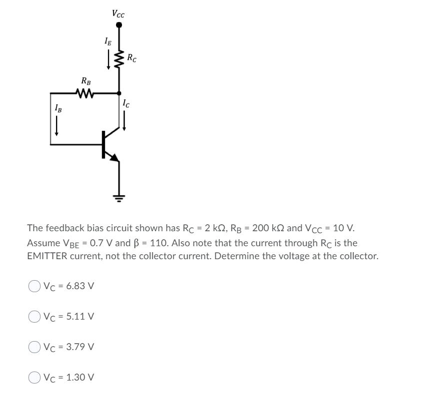 Solved Vcc 16 3 Rc RC RB The feedback bias circuit shown has | Chegg.com