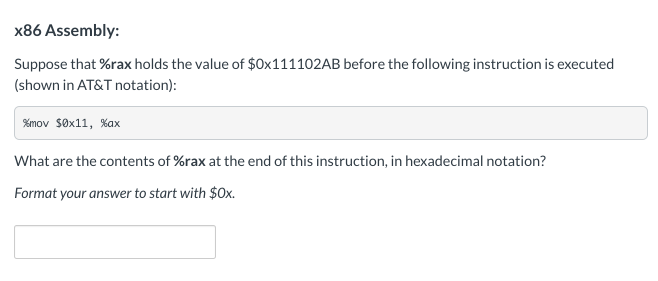 Solved x86 Assembly: Suppose that %rax holds the value of | Chegg.com