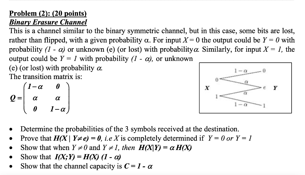Problem (2): (20 points) Binary Erasure Channel This | Chegg.com Problem (2): (20 points) Binary Erasure Channel This | Chegg.com