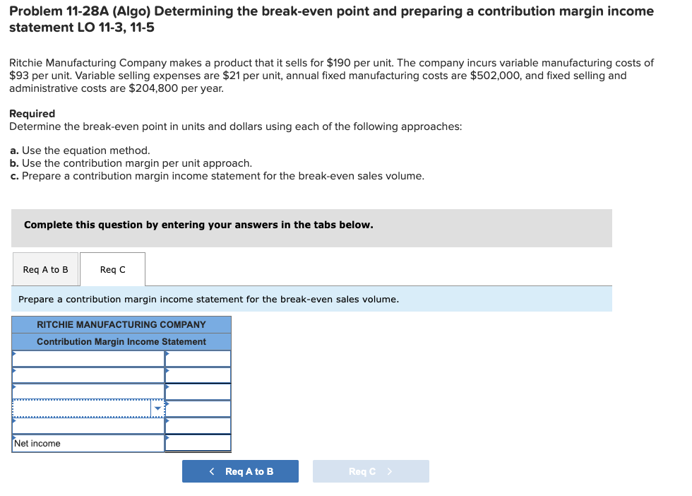 Solved Problem 11-28A (Algo) Determining the break-even | Chegg.com