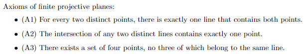 Solved Axioms of finite projective planes: (A1) For every | Chegg.com