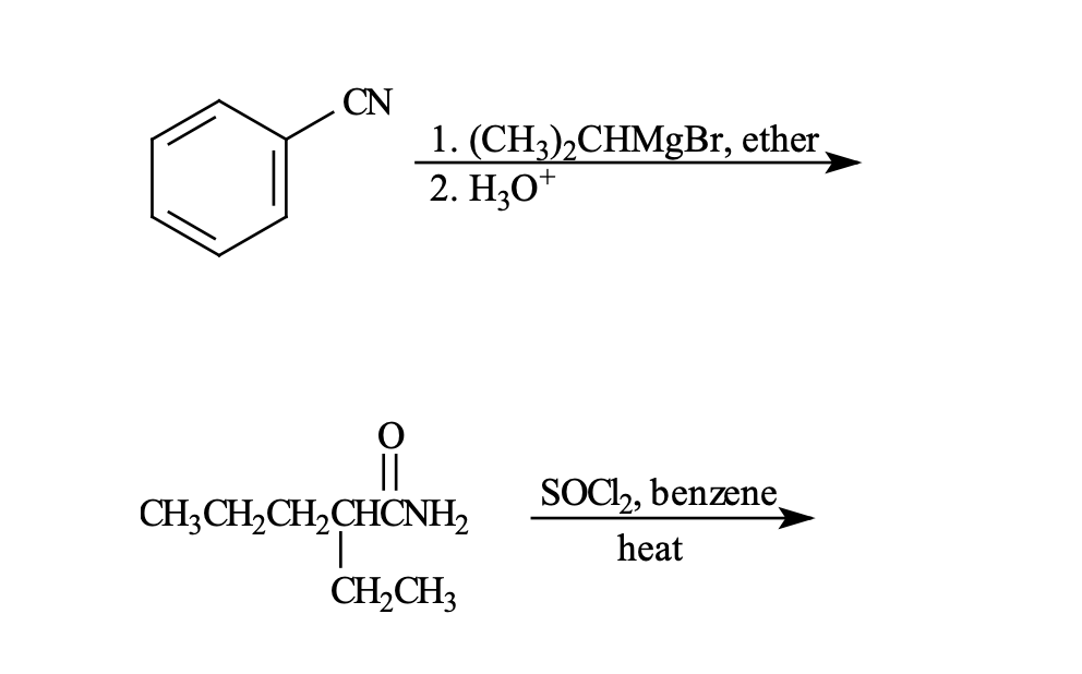 Solved 1. (CH3)2CHMgBr, ether 2. H3O+ heat SOCl2, benzene | Chegg.com