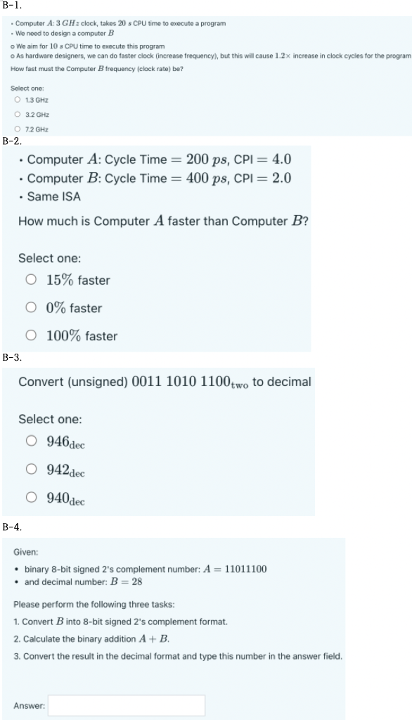 Solved B-1. - Computer A: 3 GH: clock, takes 20 CPU time to | Chegg.com