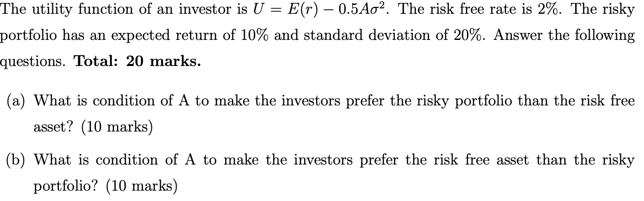 Solved The utility function of an investor is U = E(r) – | Chegg.com