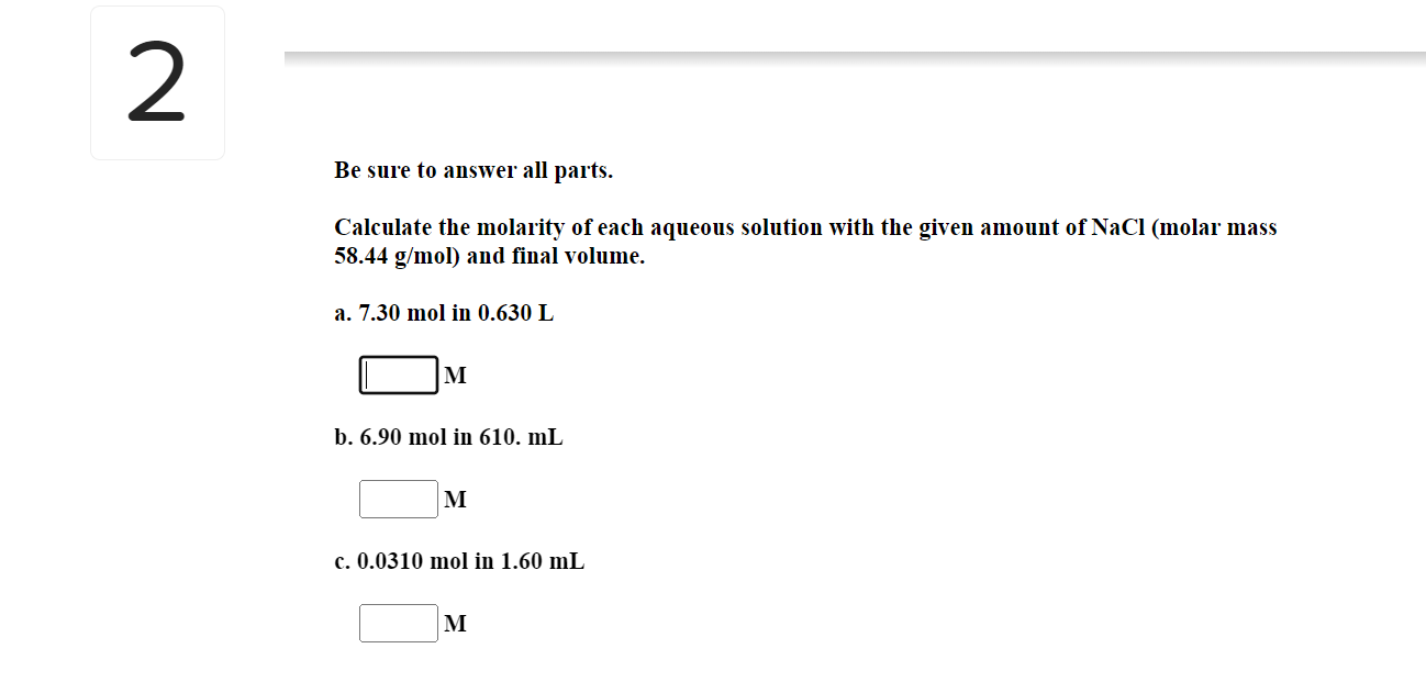 Solved Be sure to answer all parts. Calculate the molarity | Chegg.com
