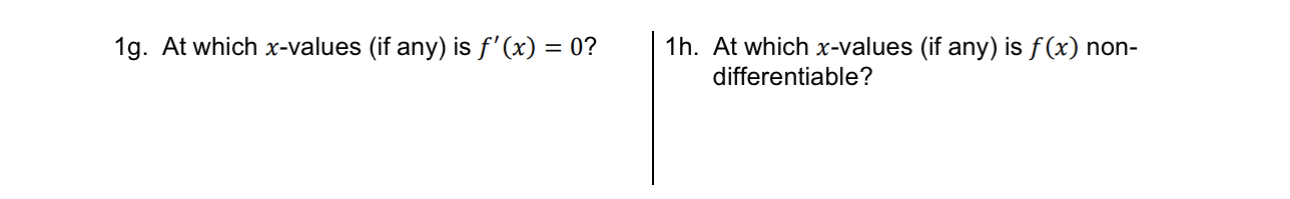 Solved 1g. At which x-values (if any) is f′(x)=0 ? 1h. At | Chegg.com