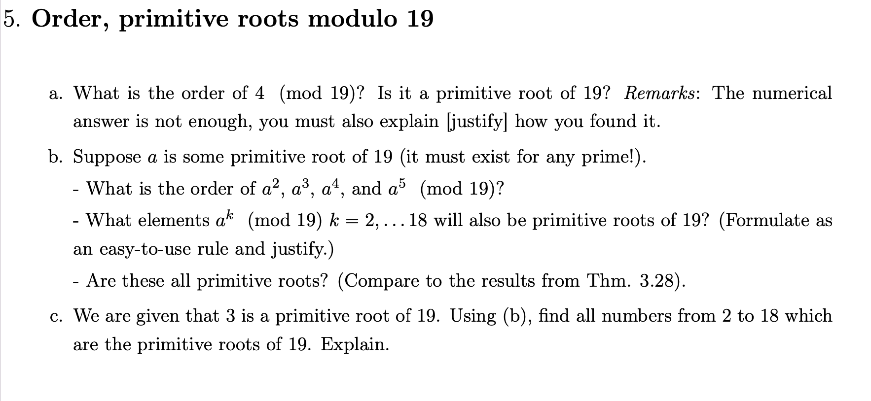 Solved Order, primitive roots modulo 19 a. What is the order | Chegg.com