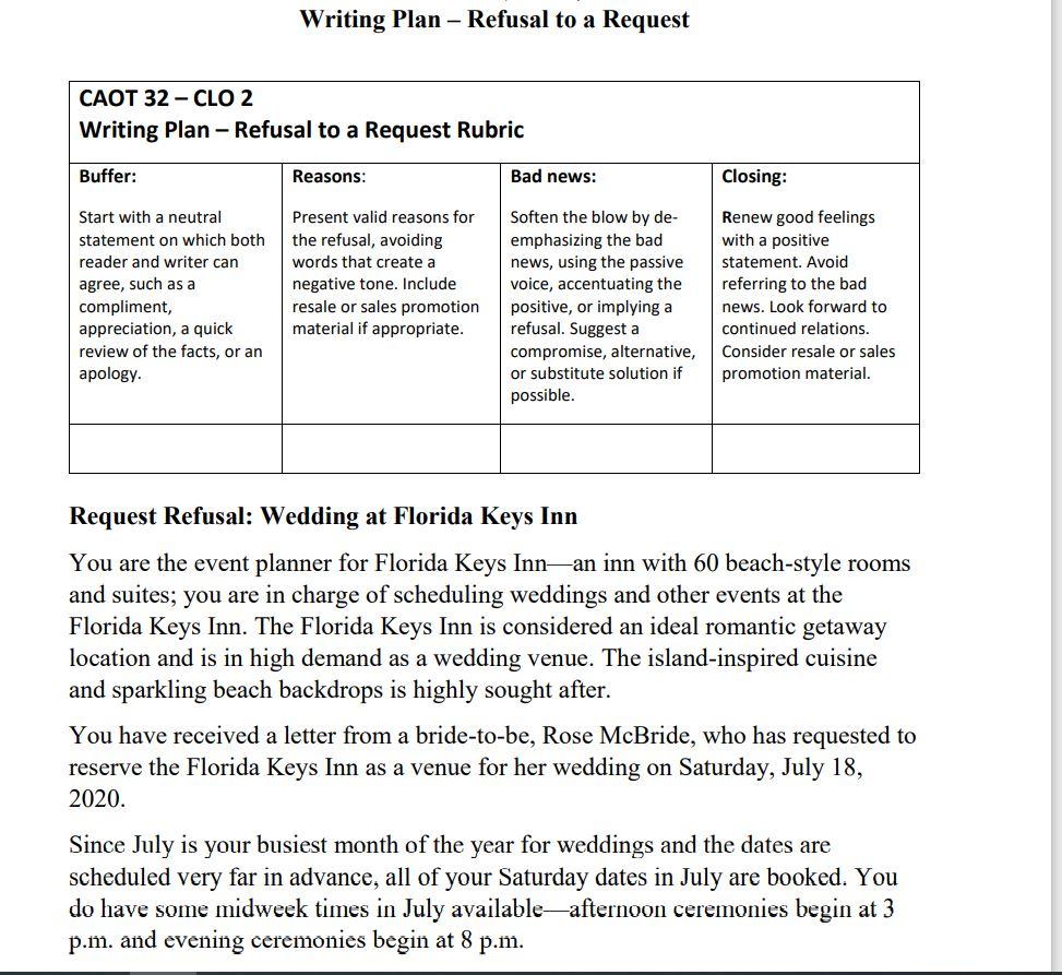 Solved Writing Plan - Refusal to a Request CAOT 32- CLO 2 | Chegg.com