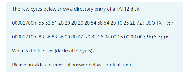 Solved The raw bytes below show a directory entry of a FAT12 | Chegg.com