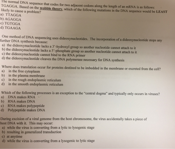 Solved The normal DNA sequence that codes for two adjacent | Chegg.com