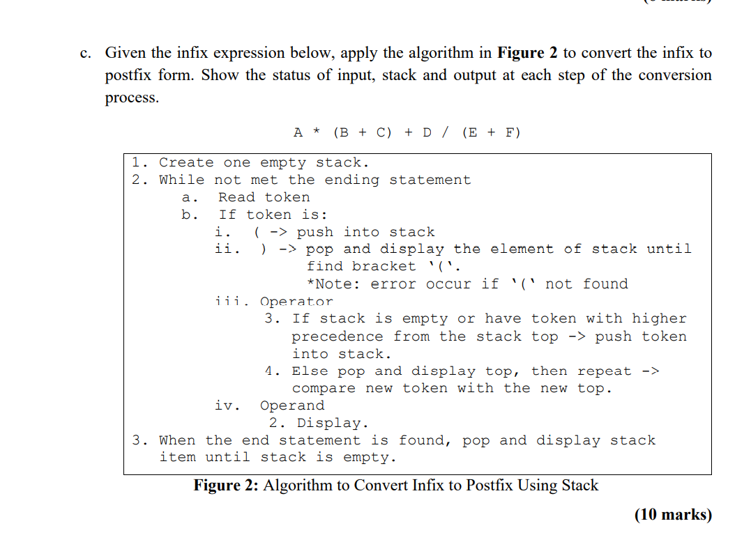 Solved c. Given the infix expression below, apply the | Chegg.com