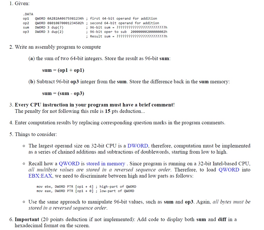Solved .DATA op1 op2 sum op 3 QWORD OA2B2A40675981234h ; | Chegg.com