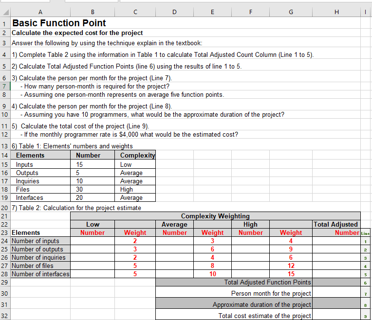 Solved D H 10 A E F G 1 Basic Function Point 2 Calculate the | Chegg.com