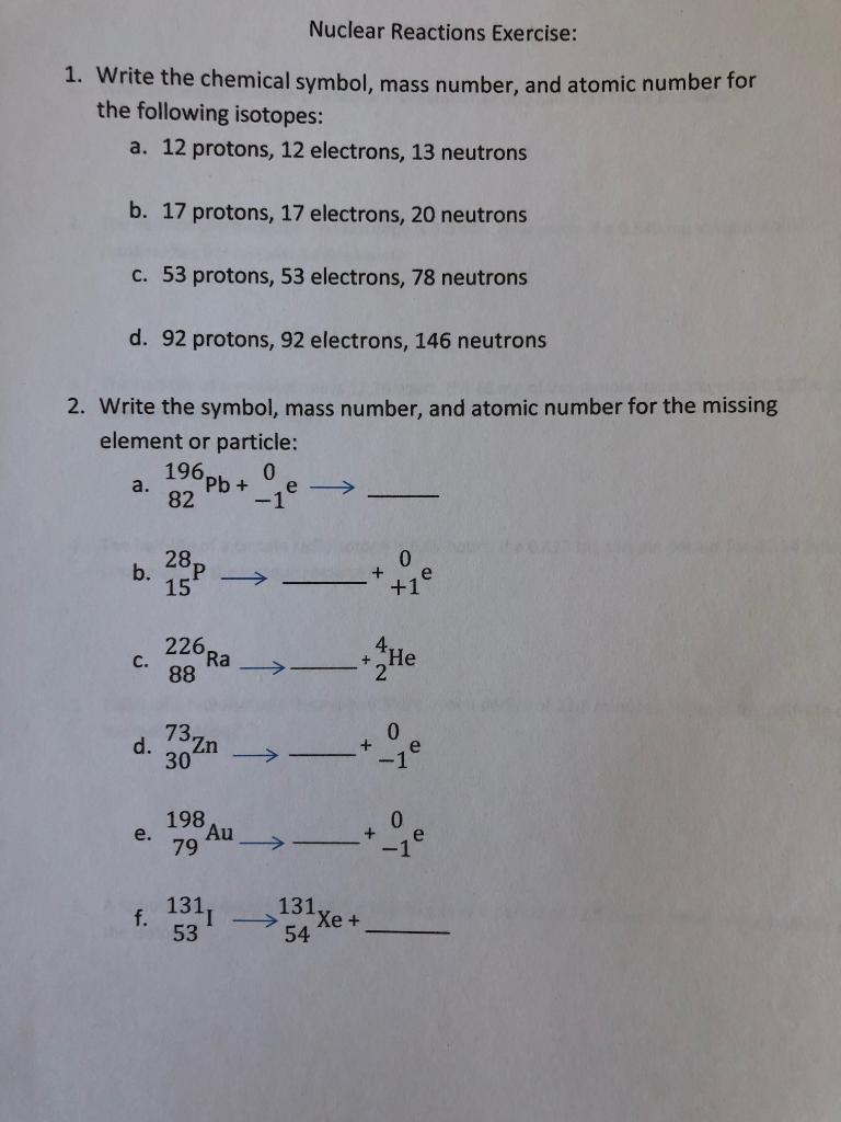 Solved Nuclear Reactions Exercise: 1. Write the chemical | Chegg.com