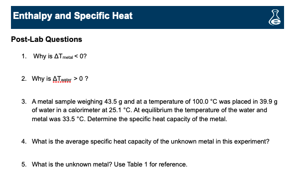 Solved EXPERIMENT 1: DETERMINATION OF SPECIFIC HEAT OF A | Chegg.com