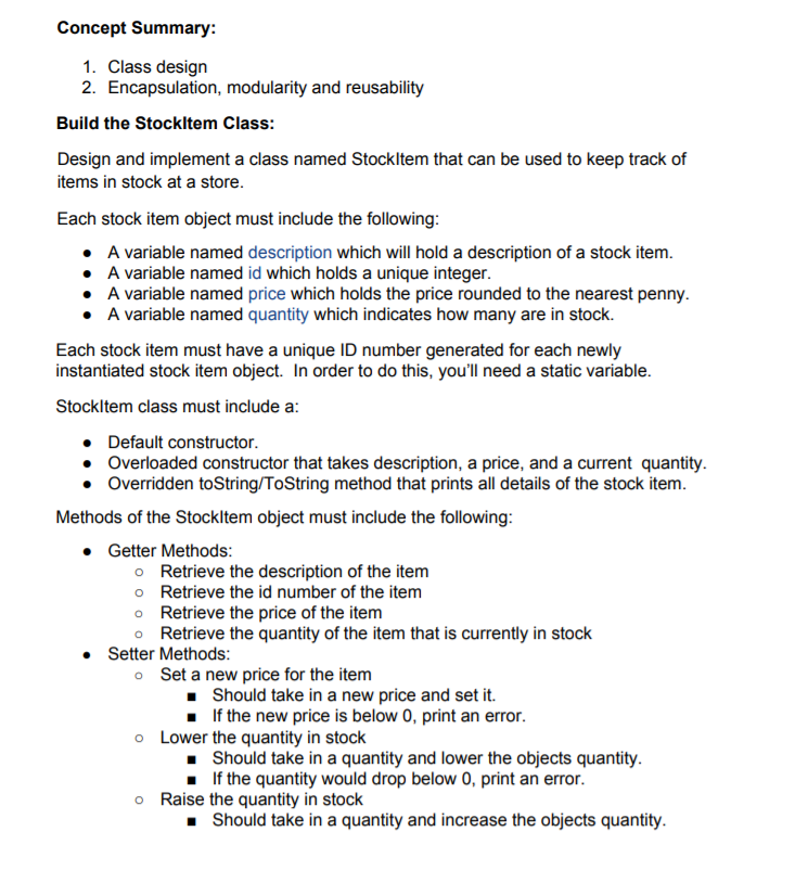 Solved Concept Summary: 1. Class design 2. Encapsulation, | Chegg.com