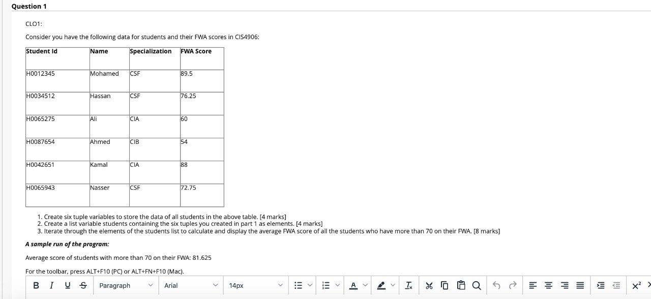Solved Question 1 CLO1: Consider you have the following data | Chegg.com