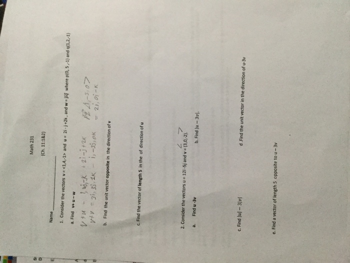 Solved Math 231 (Ch. 11:1&2) Name 1. Consider the vectors v | Chegg.com