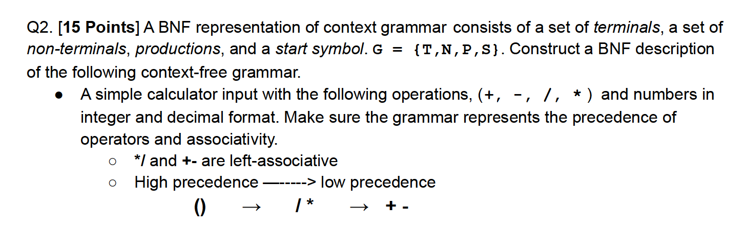 Solved Q2. [15 Points] A BNF representation of context | Chegg.com