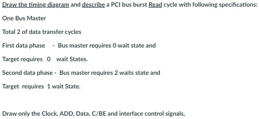 Solved Draw the timing diagram and describe a PCI bus burst | Chegg.com