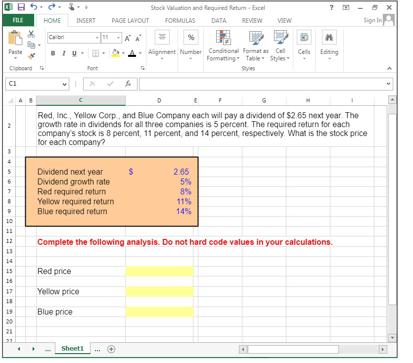 Solved Stock Valuation Excel X Sign In FILE FORMULAS HOME | Chegg.com