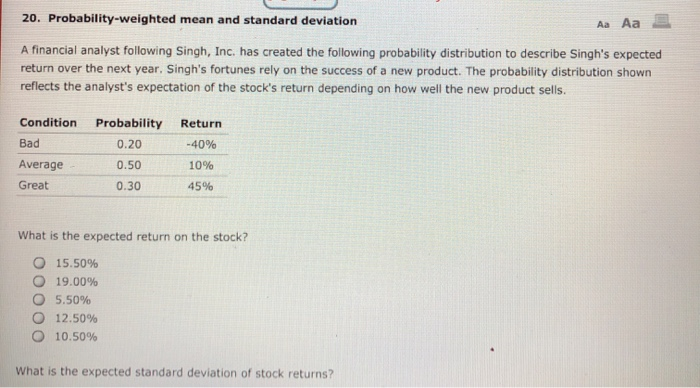 Solved 20. Probability-weighted mean and standard deviation | Chegg.com
