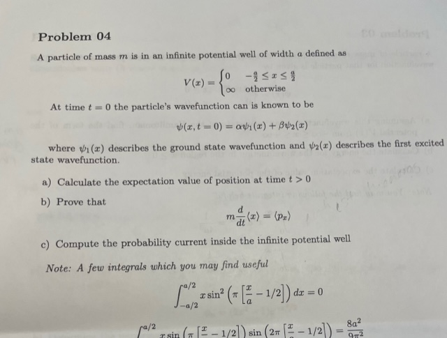 Solved A particle of mass m is in an infinite potential well | Chegg.com