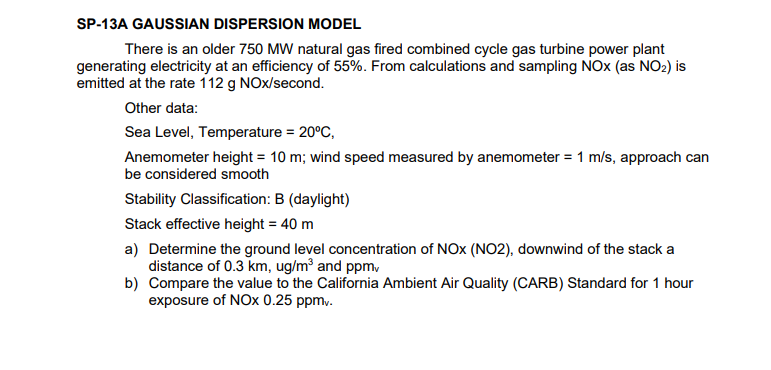 Solved SP-13A GAUSSIAN DISPERSION MODEL There is an older | Chegg.com