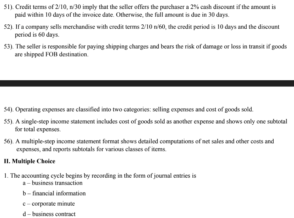 Solved 51). Credit terms of 2/10, n/30 imply that the seller | Chegg.com