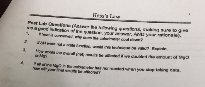 Solved Hess's Law Post Lab Questions (Answer the following | Chegg.com