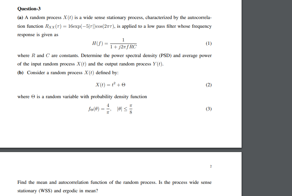 Question-3 (a) A random process X(t) is a wide sense | Chegg.com