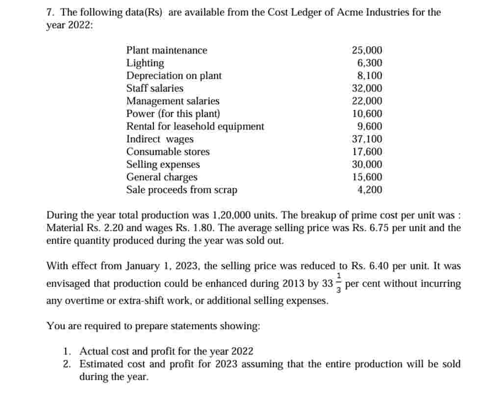Solved 7. ﻿The following data(Rs) ﻿are available from the | Chegg.com