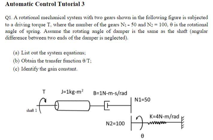 Solved Automatic Control Tutorial 3 Q1. A rotational | Chegg.com