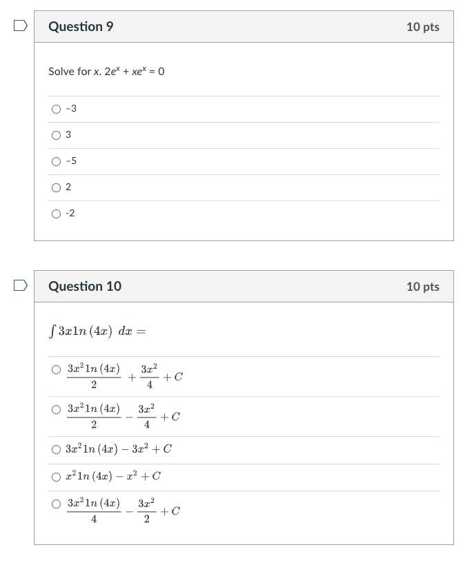 Solved Question 9 10 pts Solve for x.2ex+xex=0 | Chegg.com