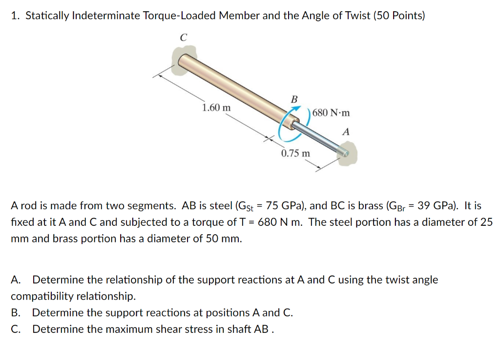 Solved 1. Statically Indeterminate Torque-Loaded Member and | Chegg.com