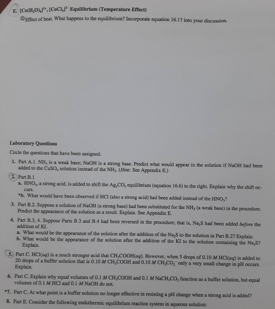 Solved E. [Co(H2O)6]2+,[CoCl4]2 Equilibrium (Temperature | Chegg.com