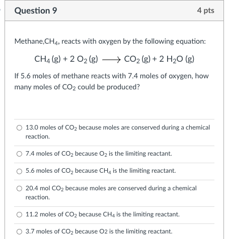 Solved Question 9 4 pts Methane,CH4, reacts with oxygen by | Chegg.com