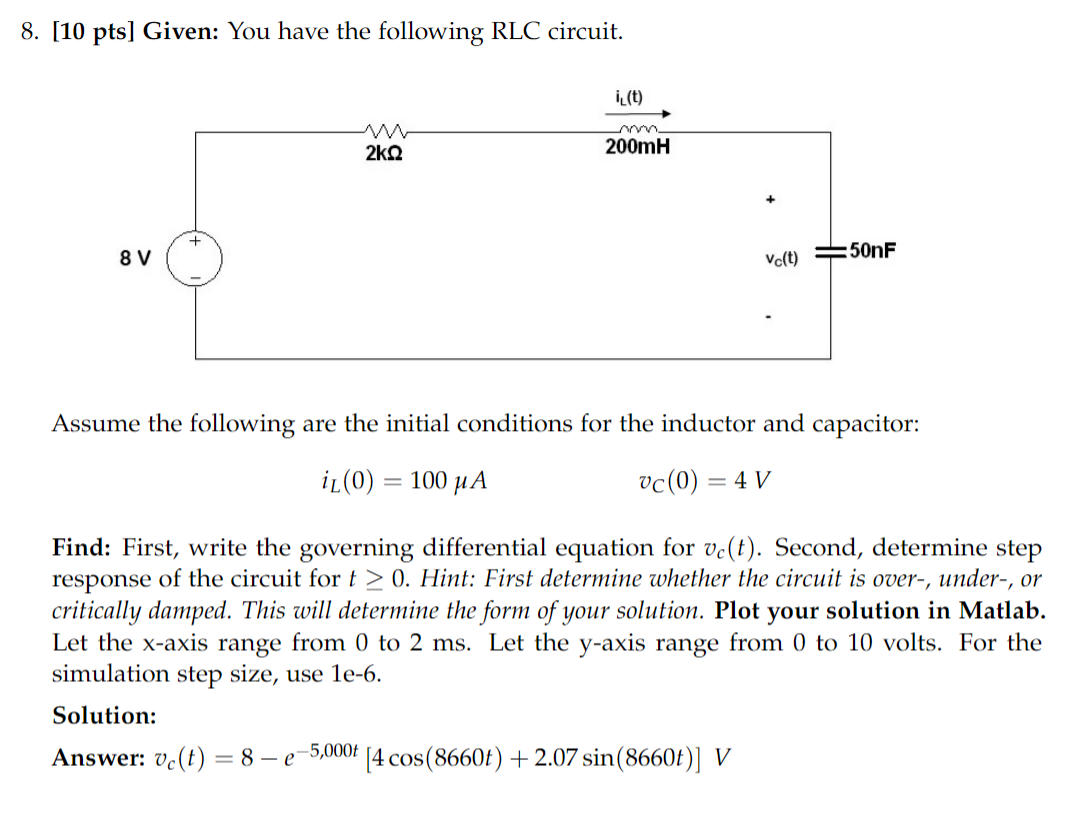Solved 8. [10 pts] Given: You have the following RLC | Chegg.com