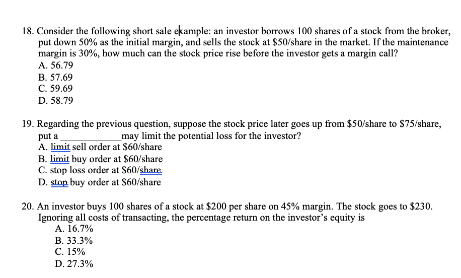 Solved 18. Consider the following short sale ekample: an | Chegg.com