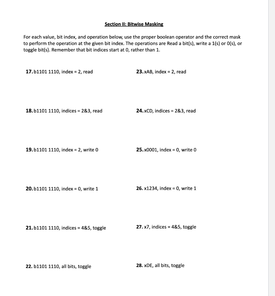 Solved For each value, bit index, and operation below, use | Chegg.com