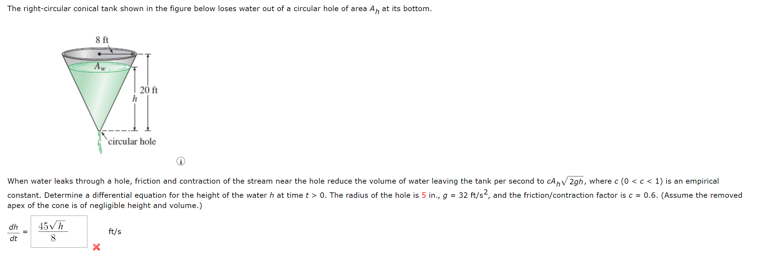 Solved The right-circular conical tank shown in the figure | Chegg.com