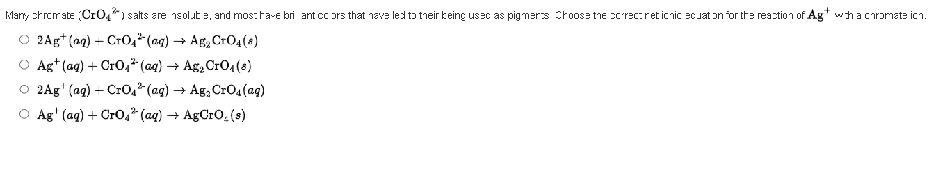 Solved 2Ag+(aq)+CrO42−(aq)→Ag2CrO4(s)Ag+(aq)+CrO42−(aq)→Ag2C | Chegg.com