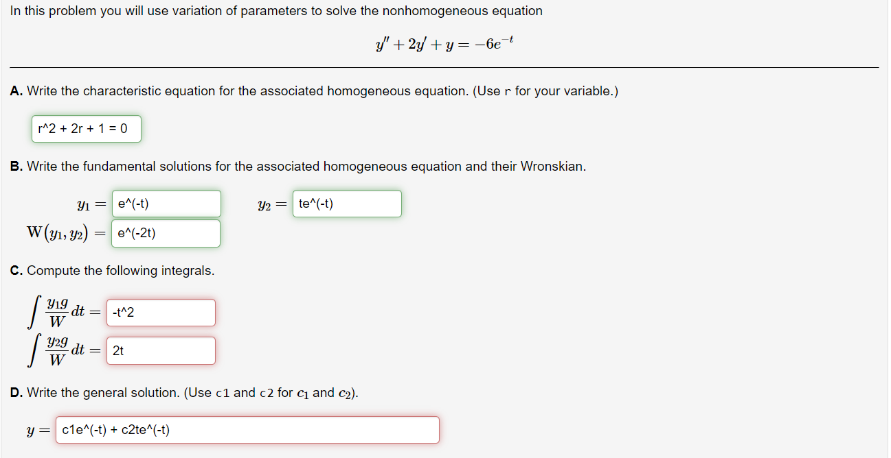 Solved y′′+2y′+y=−6e−t A. Write the characteristic equation | Chegg.com